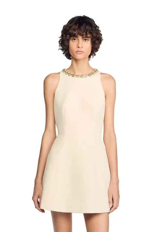 Sandro Short Dress With Jewel Detail - Vanilla