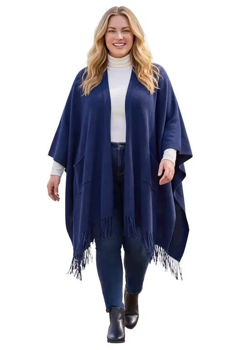 WOMAN WITHIN Fringe Wrap Cape - Evening Blue