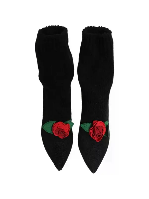 Dolce & Gabbana Rose-appliqué Ribbed-knit Ankle Boots