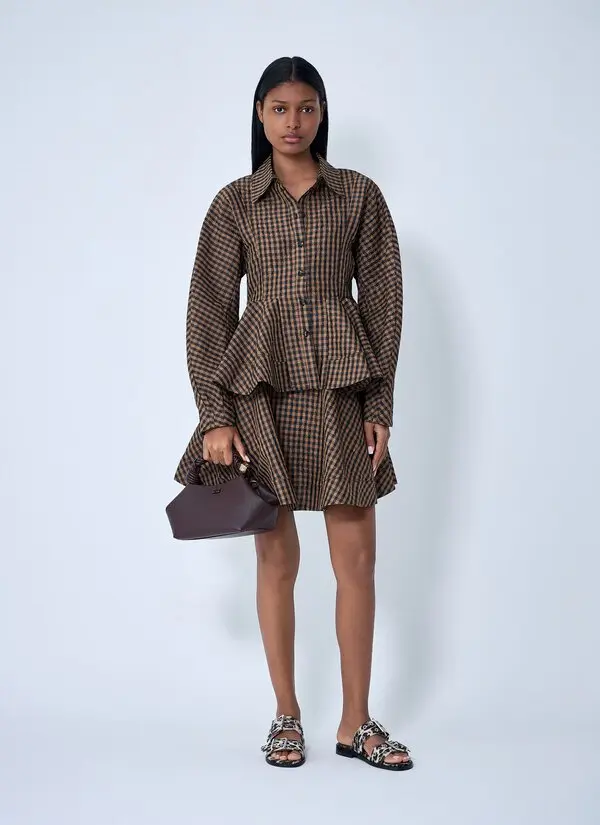 GANNI Crinkle Peplum Shirt - Brown