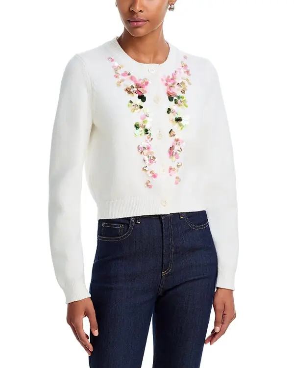 Cinq À Sept Waterfall Paillettes Cotton Blend Crewneck Cardigan - Ivory/multi