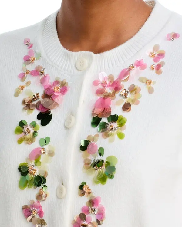Cinq À Sept Waterfall Paillettes Cotton Blend Crewneck Cardigan