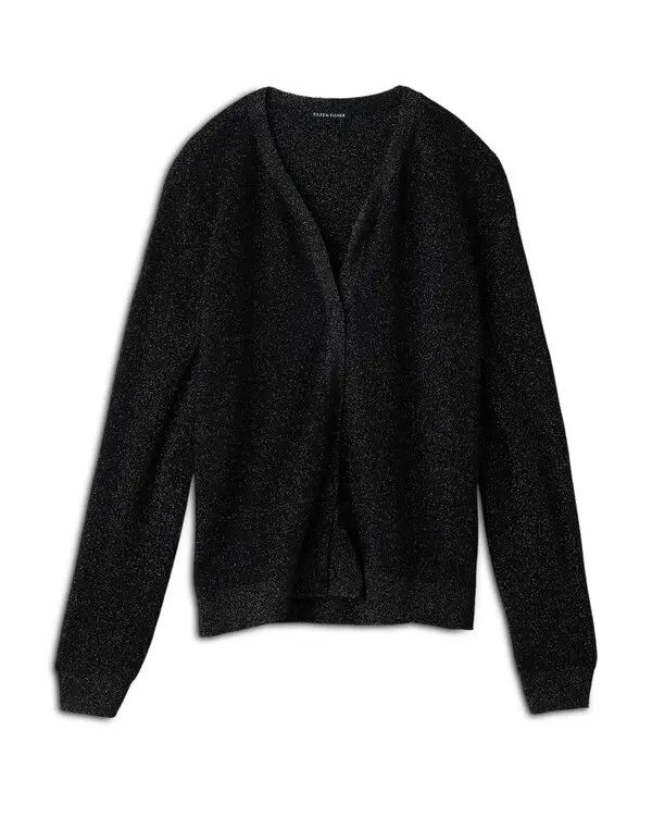 Eileen Fisher Metallic Merino Wool V Neck Cardigan - Black
