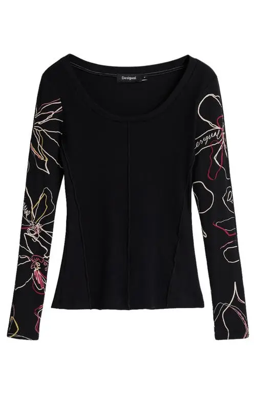 Desigual Floral Embroidered Long Sleeve Scoop Neck Top - Black