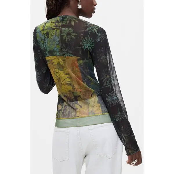 Desigual Print Mesh Long Sleeve Top - Black