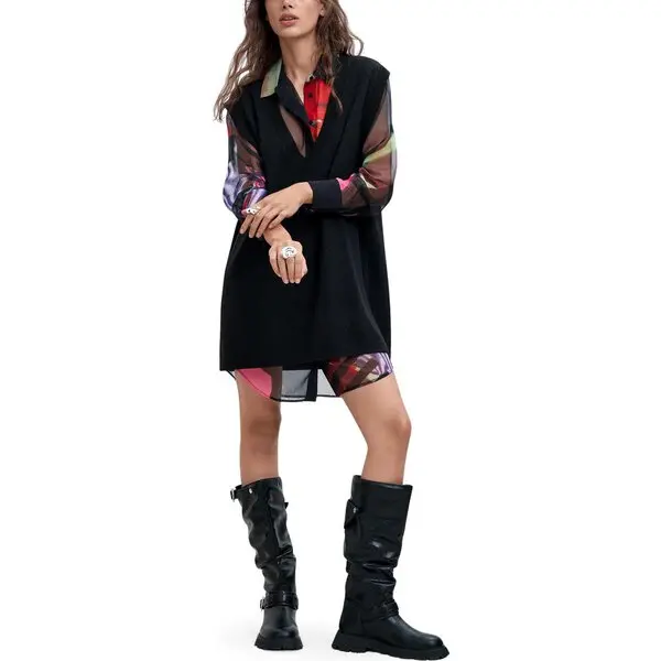Desigual Long Sleeve Mixed Media Minidress - Black