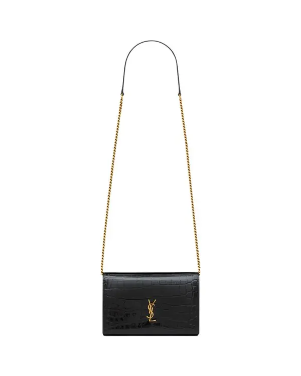Saint Laurent Cassandre Envelope Chain Wallet In Crocodile-embossed Patent Leather