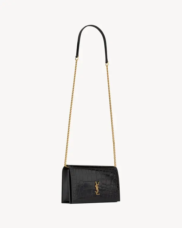 Saint Laurent Cassandre Envelope Chain Wallet In Crocodile-embossed Patent Leather