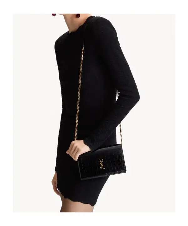 Saint Laurent Cassandre Envelope Chain Wallet In Crocodile-embossed Patent Leather
