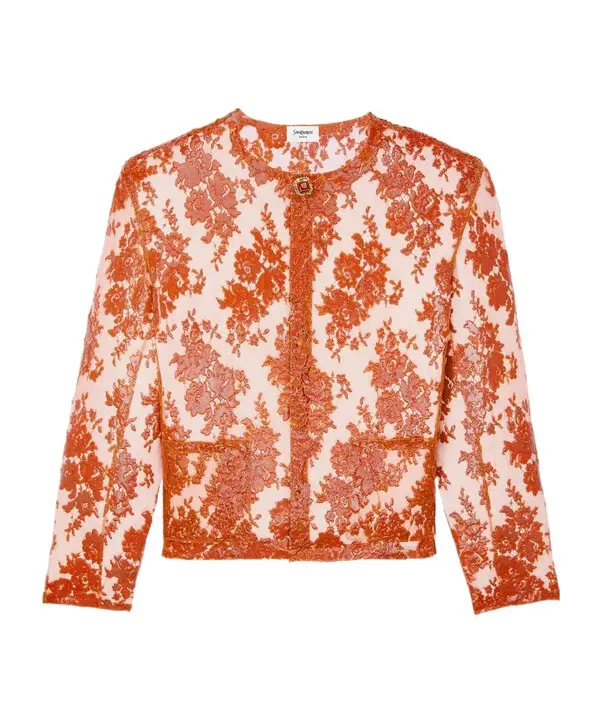 Saint Laurent Short Jacket In Silicone-coated Lace - Orange Copper
