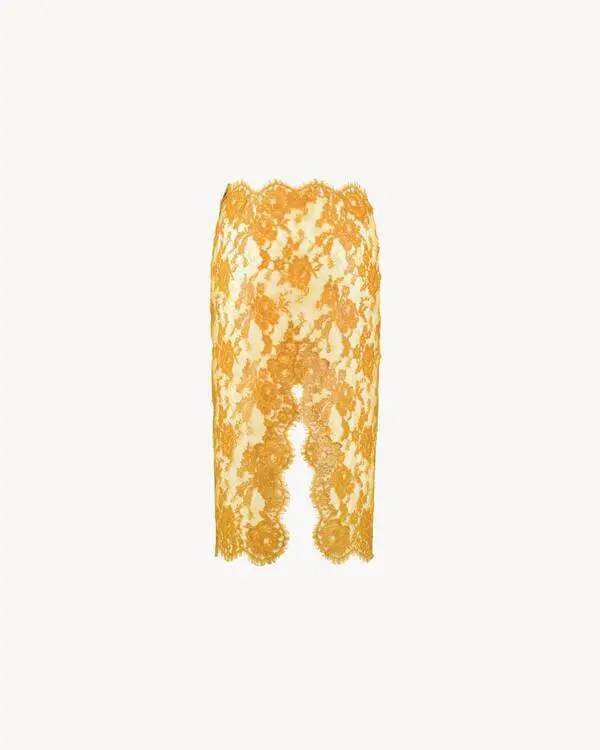 Saint Laurent Split Pencil Skirt In Silicone-coated Lace