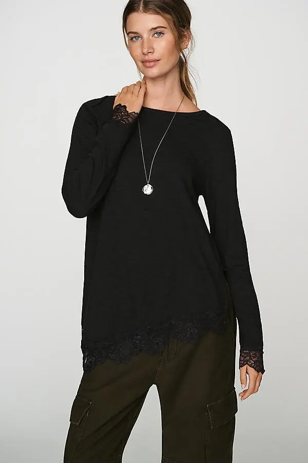Wilt 100% Cotton Lace Trimmed Asymmetrical Tunic Top - Black