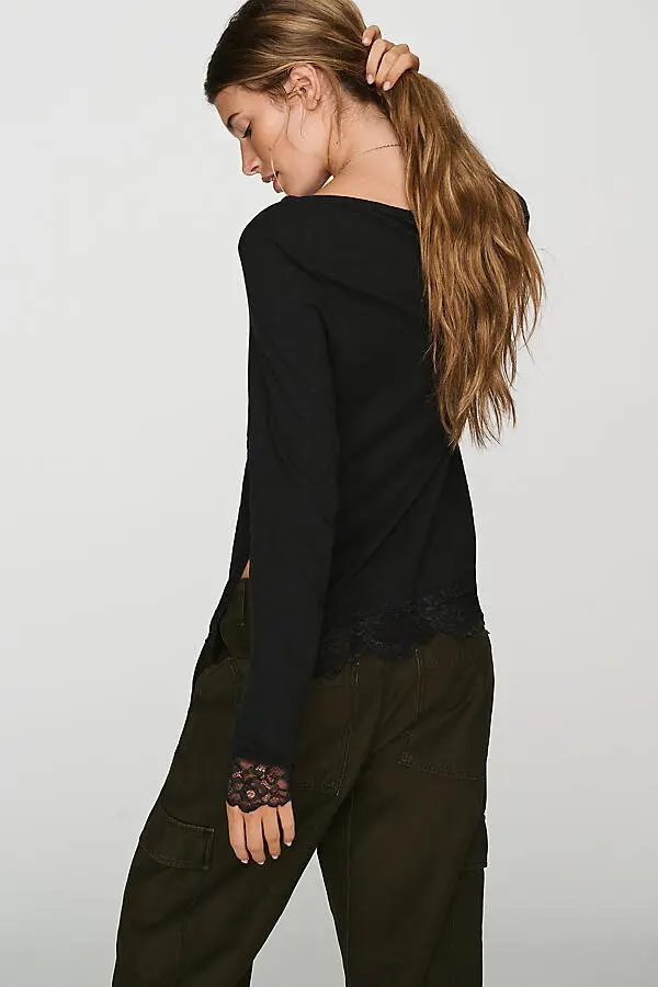 Wilt 100% Cotton Lace Trimmed Asymmetrical Tunic Top - Black