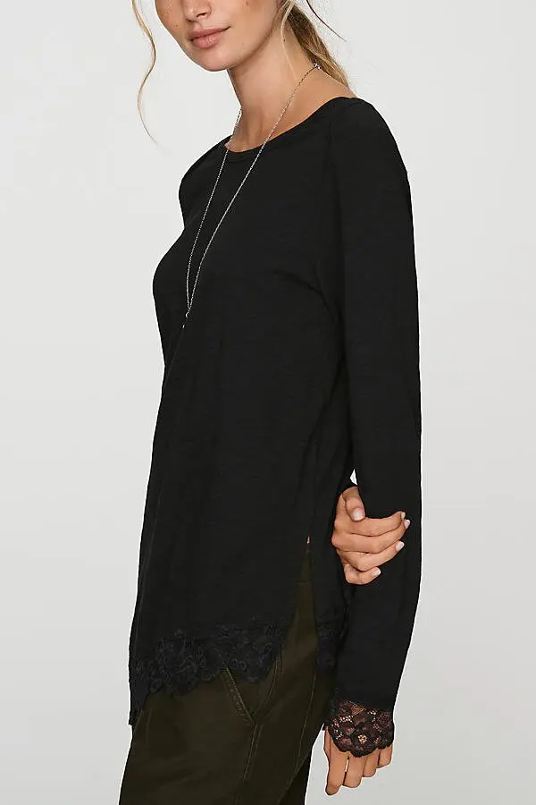 Wilt 100% Cotton Lace Trimmed Asymmetrical Tunic Top - Black