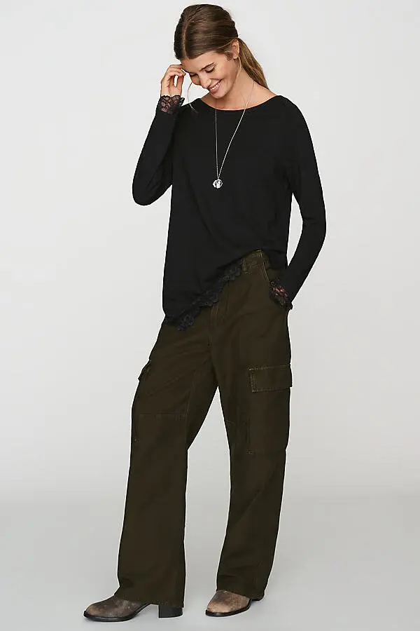 Wilt 100% Cotton Lace Trimmed Asymmetrical Tunic Top - Black