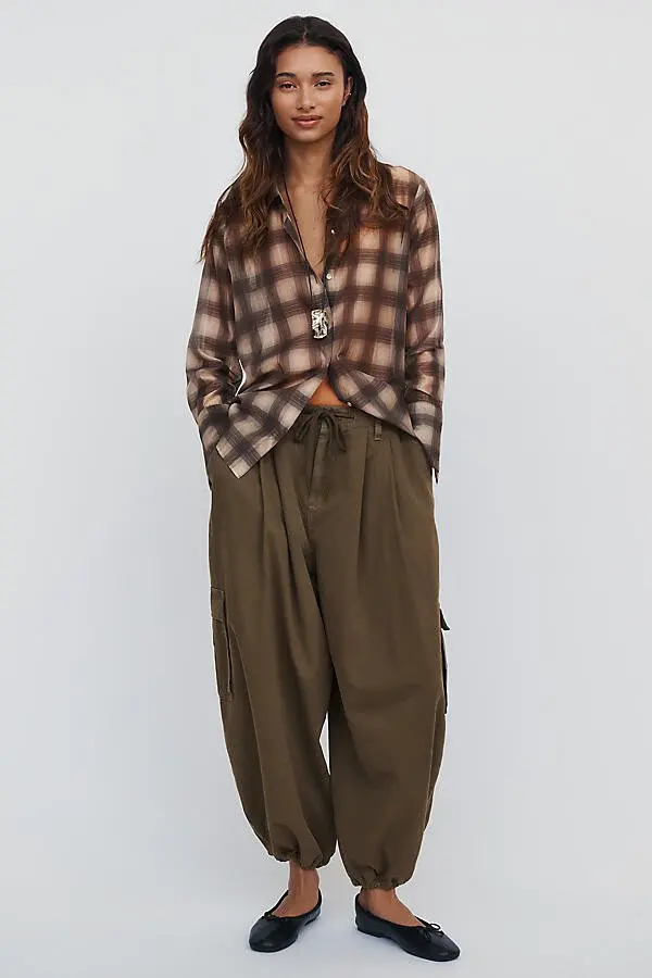 Anthropologie 100% Cotton Overd Balloon Cargo Pants - Olive