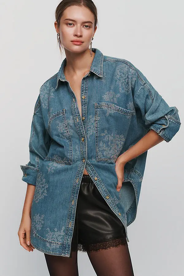 PILCRO Denim Floral Buttondown Shirt