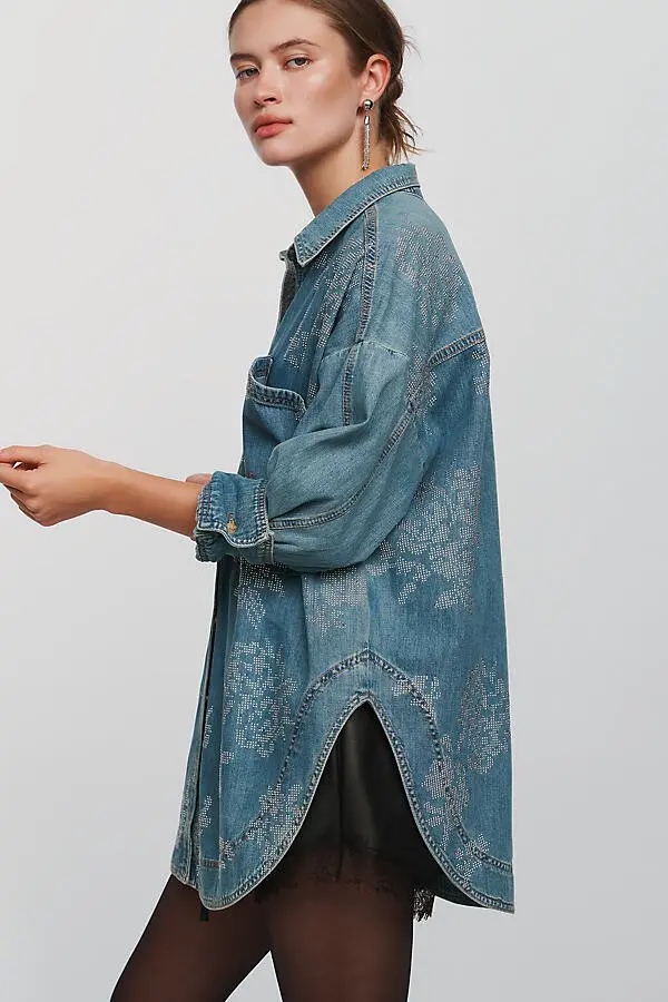PILCRO Denim Floral Buttondown Shirt