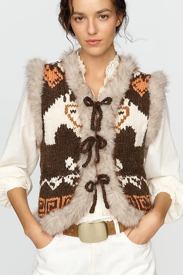 TACH Zapican Hand Knit 100% Mero Wool Sweater Vest - Brown Pattern