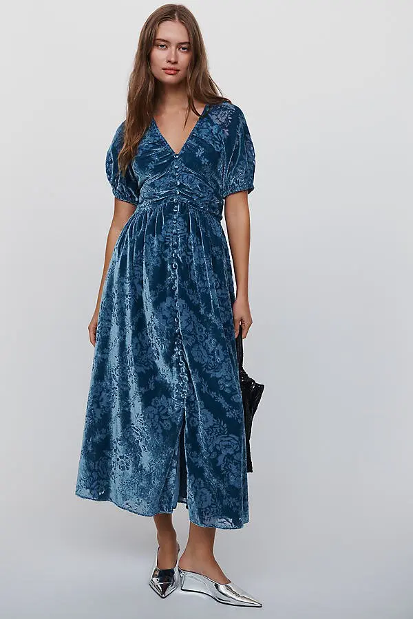 Anthropologie Katera Velvet Button Front Dress - Blue Pattern