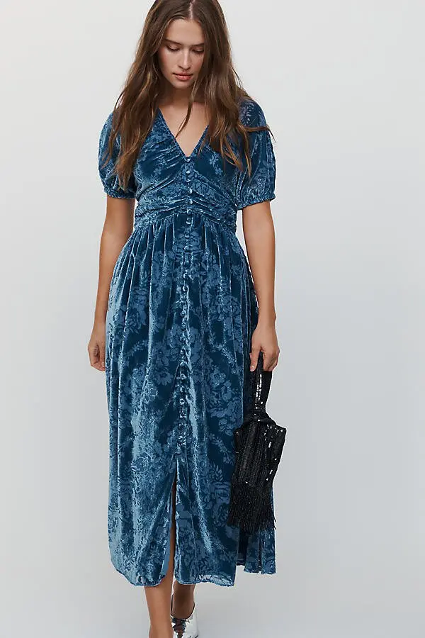 Anthropologie Katera Velvet Button Front Dress