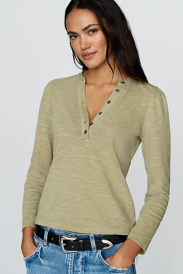 PILCRO Meadow 100% Cotton Henley Tee - Moss