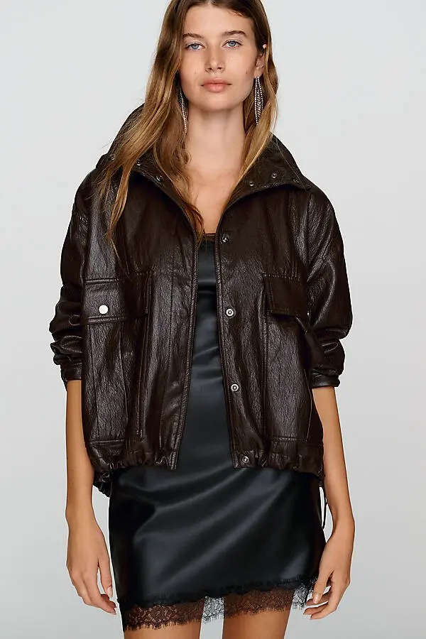 Lna Mercer Faux Leather Funnel Neck Jacket - Brown