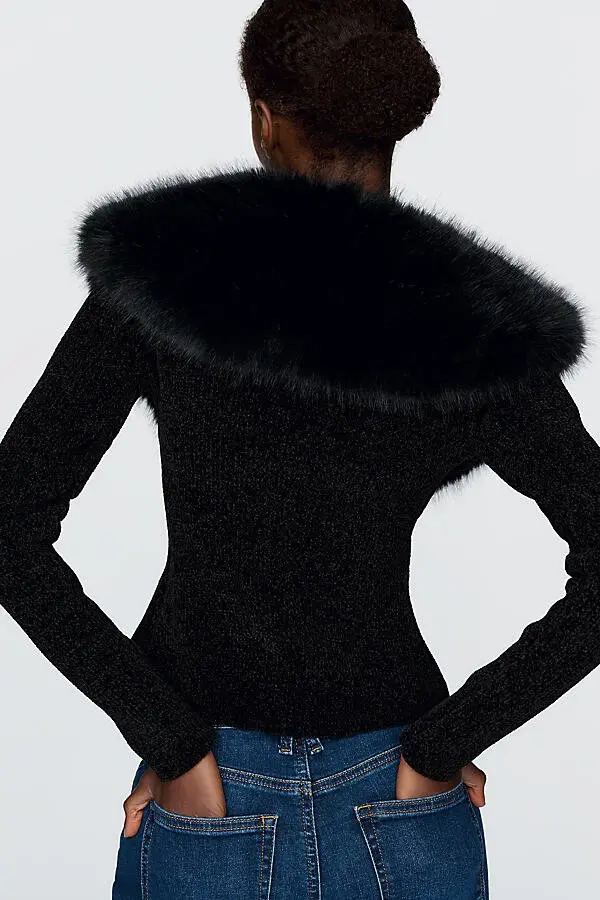 Naked Wardrobe Faux Fur Trim Cardigan