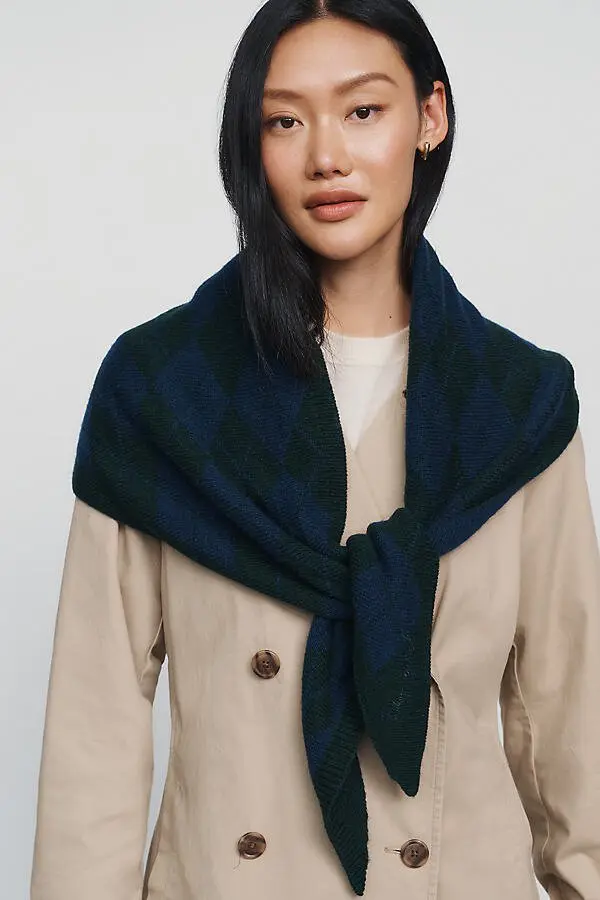FAVORITE DAUGHTER Wool Blend Argyle Triangle Scarf - Blue Pattern
