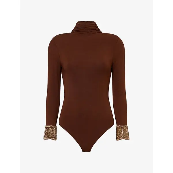 GRACE FAENA Cowl Embellished-cuffs Jersey Bodysuit - Espresso