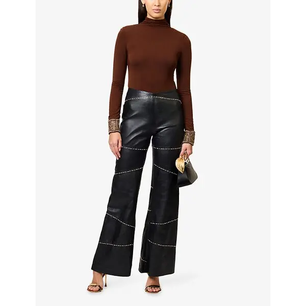GRACE FAENA Cowl Embellished-cuffs Jersey Bodysuit