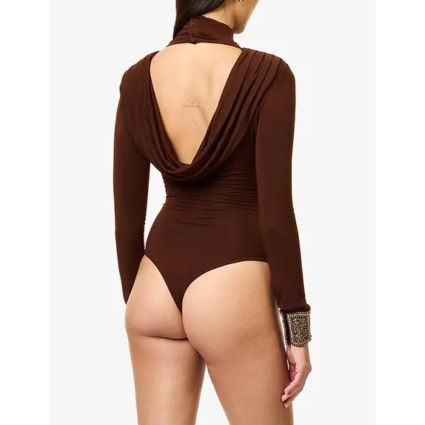GRACE FAENA Cowl Embellished-cuffs Jersey Bodysuit