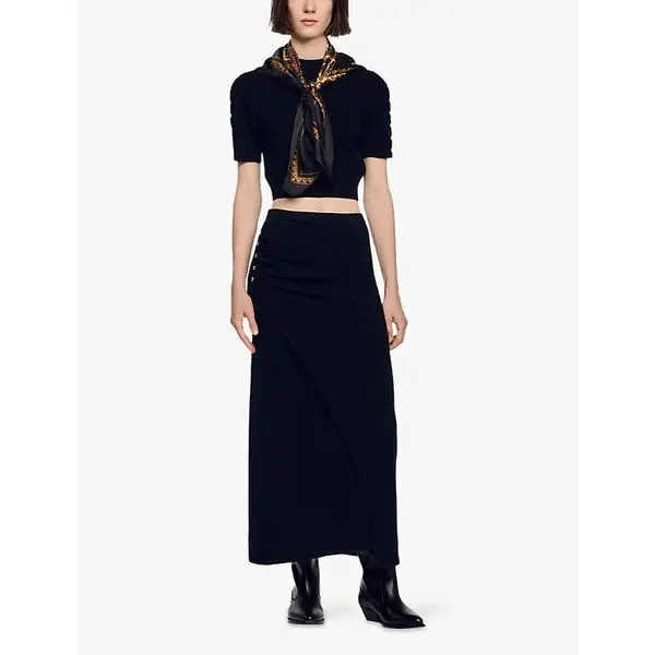 Sandro Gathered Pressed-stud Wool And Cashmere-blend Midi Skirt