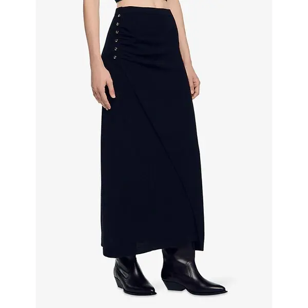Sandro Gathered Pressed-stud Wool And Cashmere-blend Midi Skirt