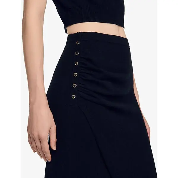 Sandro Gathered Pressed-stud Wool And Cashmere-blend Midi Skirt