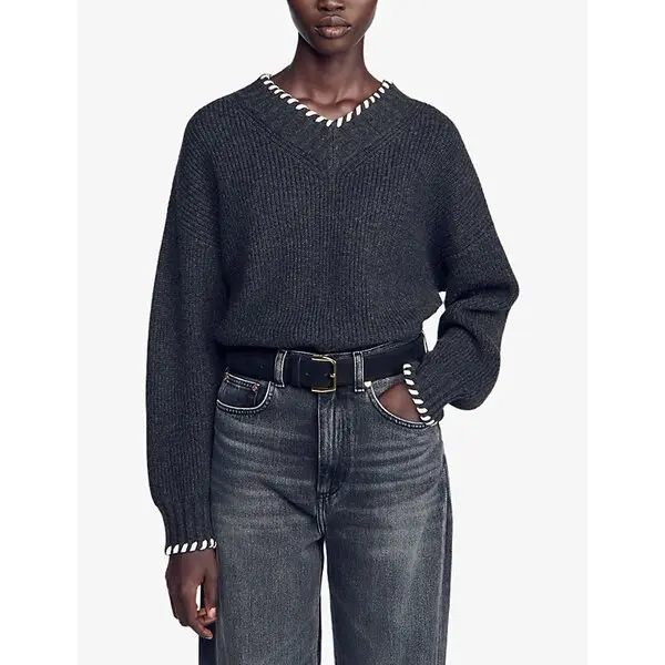 Sandro Braided V-neck Wool-blend Jumper - Grey