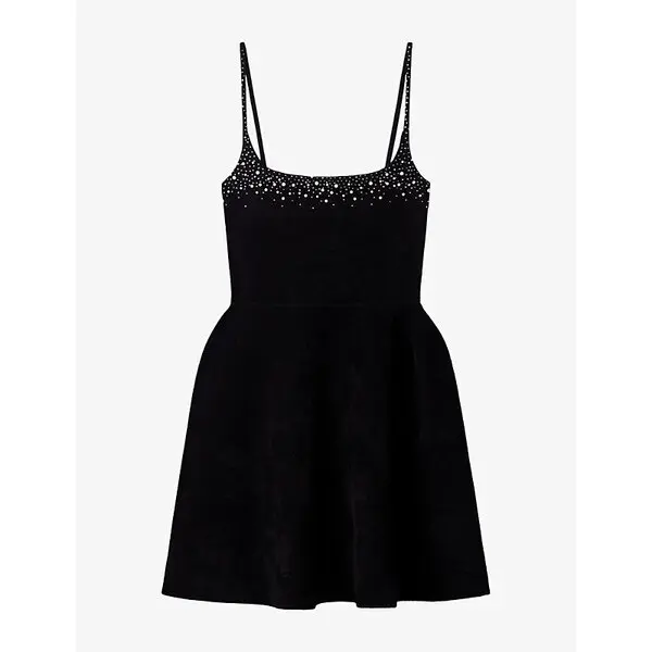 Sandro Sleeveless Rhinestone-embellished Stretch-velvet Mini Dress - Black