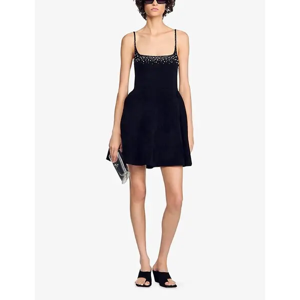 Sandro Sleeveless Rhinestone-embellished Stretch-velvet Mini Dress