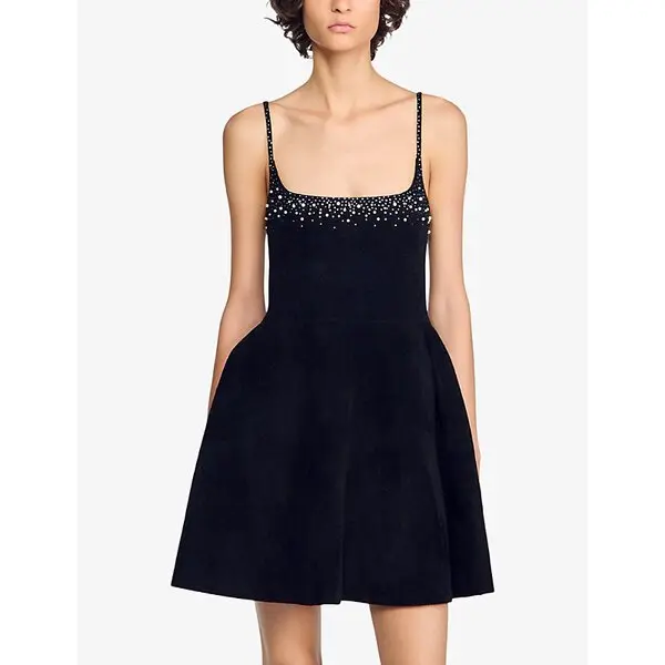 Sandro Sleeveless Rhinestone-embellished Stretch-velvet Mini Dress