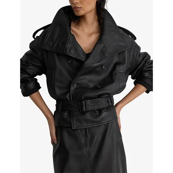 REISS Amelie Double-breasted Leather Jacket