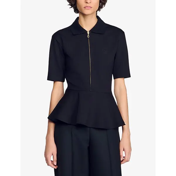 Sandro Polo-collar Peplum-hem Woven T-shirt