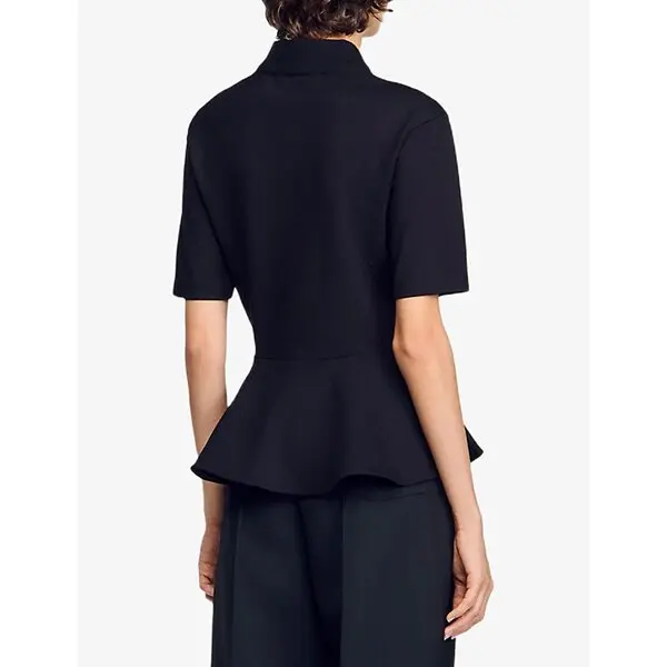 Sandro Polo-collar Peplum-hem Woven T-shirt