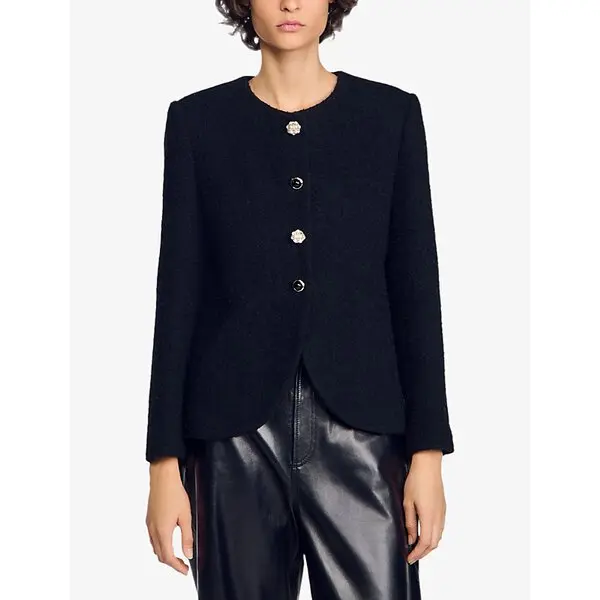 Sandro Button-embellished Round-neck Tweed Jacket