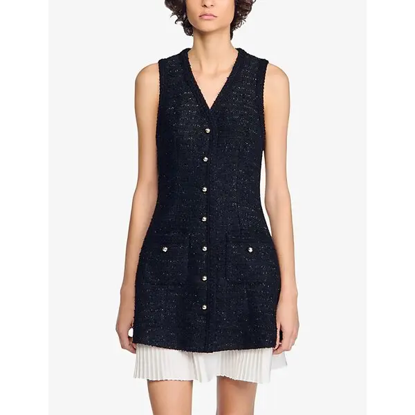 Sandro Contrast-hem V-neck Tweed Mini Dress