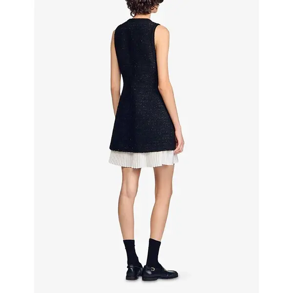Sandro Contrast-hem V-neck Tweed Mini Dress