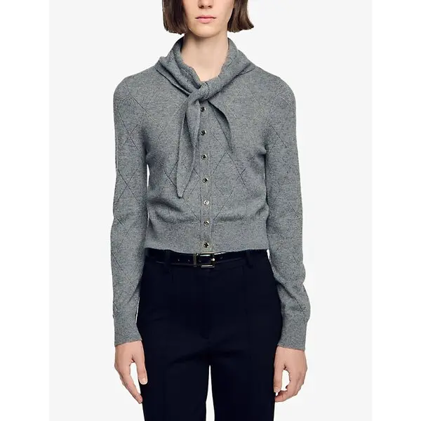 Sandro Pointelle-knit Scarf-detail Wool And Cashmere Cardigan - Grey