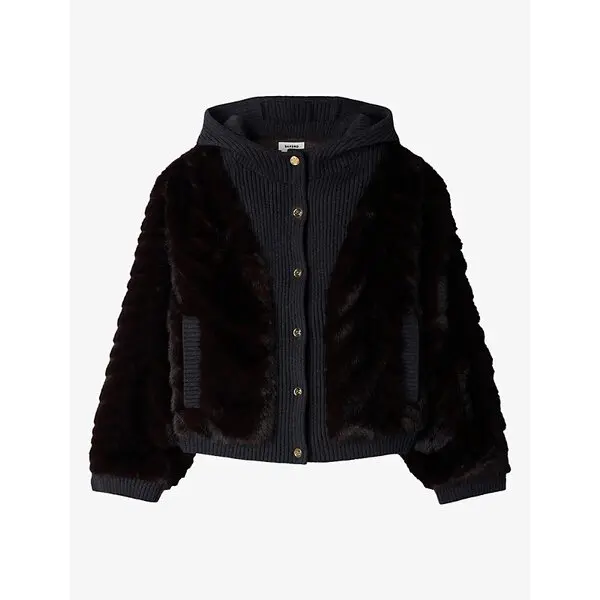 Sandro Hooded Mixed-material Faux-fur And Knit Jacket