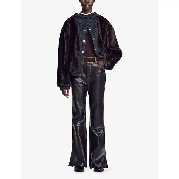 Sandro Hooded Mixed-material Faux-fur And Knit Jacket