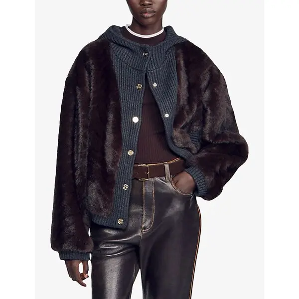 Sandro Hooded Mixed-material Faux-fur And Knit Jacket