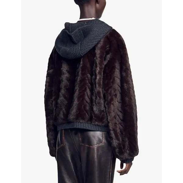 Sandro Hooded Mixed-material Faux-fur And Knit Jacket